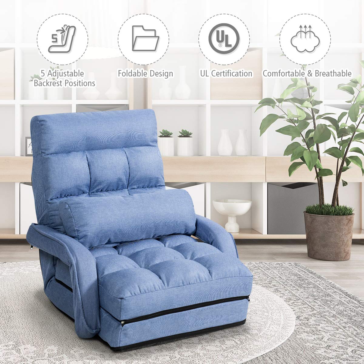 GOFLAME Adjustable Folding Lazy Sofa, Floor Chair Sofa, Padded Gaming Chair with Armrests and Pillow, Lounger Bed for Home & Office (Blue)