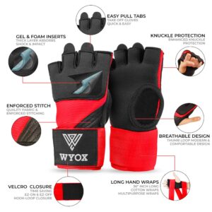 WYOX Gel Premium Hand Wraps for Boxing Gloves, Quick 80cm Wrist Wraps, Padded Knuckle Boxing Wraps for Men, Women, Muay Thai Hand Wraps, MMA Kickboxing Martial Arts Inner Glove (Red, S-M)