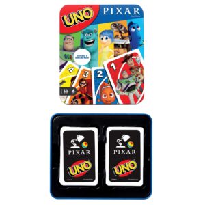 mattel games uno pixar card game for family night, travel game for kids with storage tin & special rule for 2-10 players