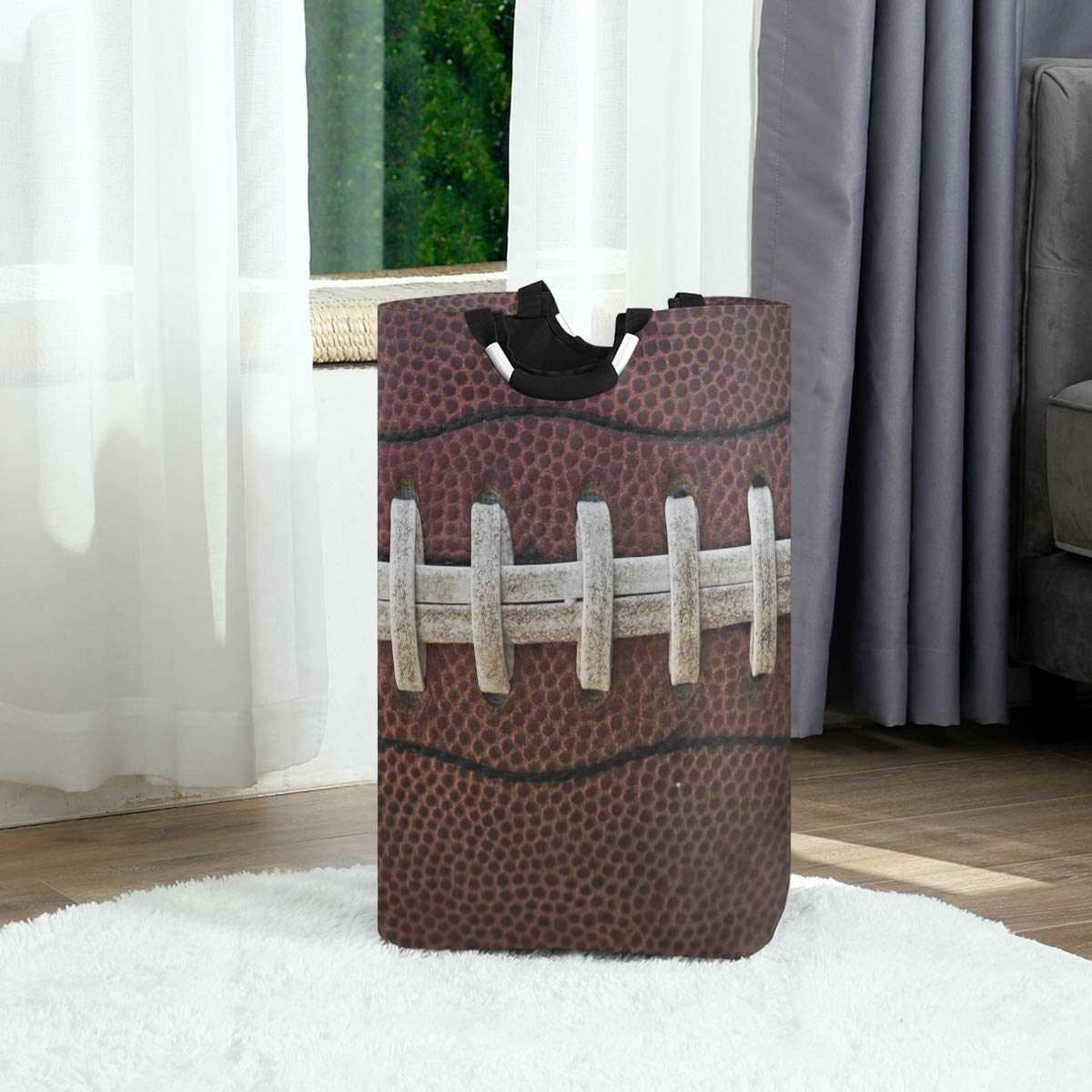 Laundry Storage Basket American Football Laces Close Up Laundry Hamper Collapsible Organizer for Kids Toy Dirty Cloth Dorm Bag with Handle