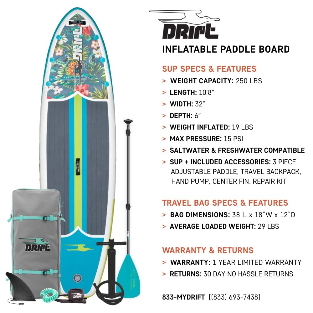 Drift Aero Inflatable Stand Up Paddle Board - SUP Paddle Board & Accessories, Including Pump, Paddle, and More - Native Floral, Adult, 10'8"