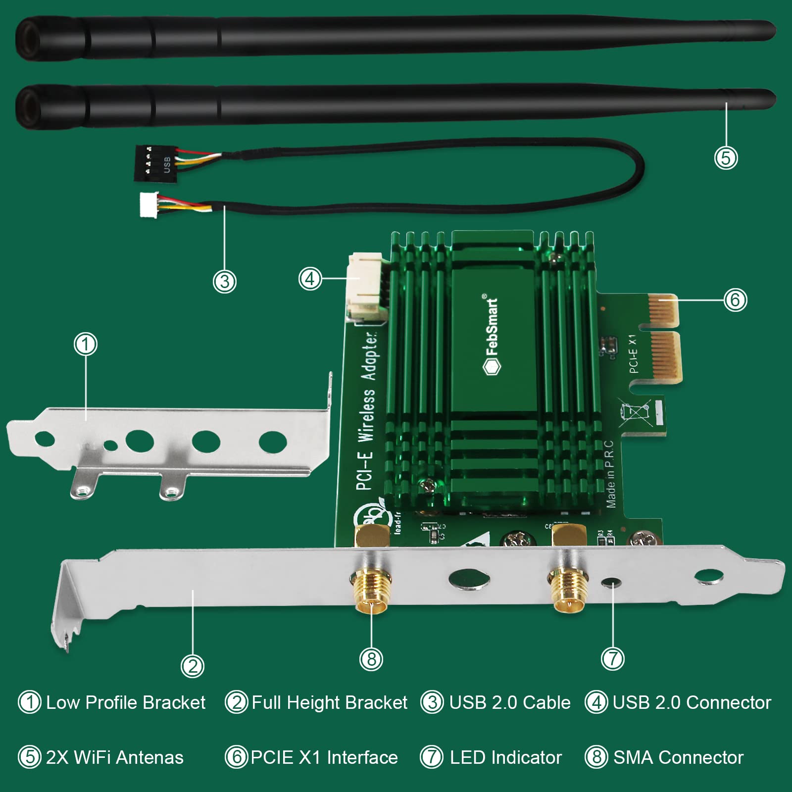 FebSmart WiFi 6 PCIE WiFi Adapter for Windows 11, 10 64bit, Linux Kernel 5.1 Desktop PCs, 2.4GHz 574Mbps and 5GHz 2400Mbps, Gaming and Video Streaming PCIE WiFi Card, Intel WiFi 6 AX200NGW (AX3000)