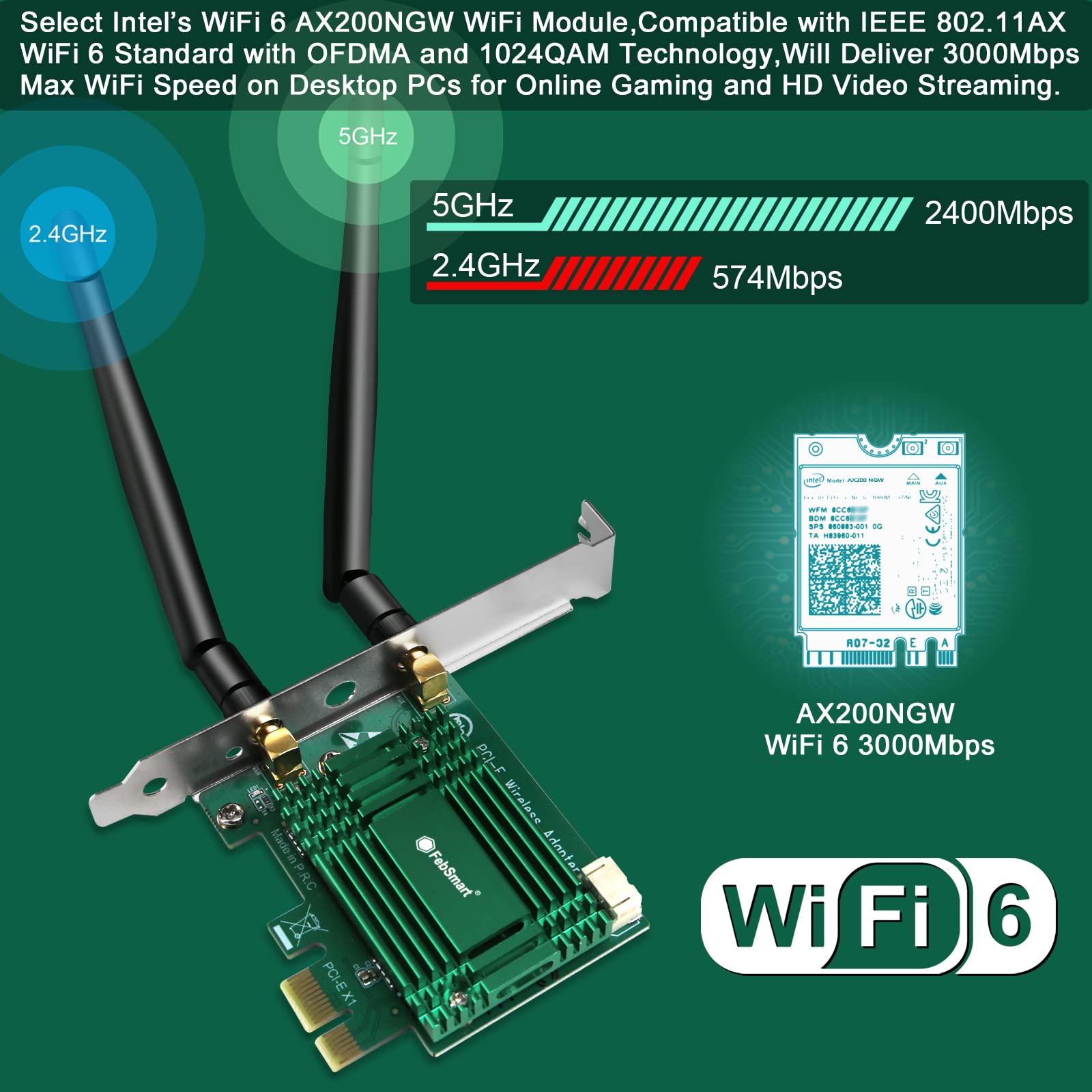 FebSmart WiFi 6 PCIE WiFi Adapter for Windows 11, 10 64bit, Linux Kernel 5.1 Desktop PCs, 2.4GHz 574Mbps and 5GHz 2400Mbps, Gaming and Video Streaming PCIE WiFi Card, Intel WiFi 6 AX200NGW (AX3000)