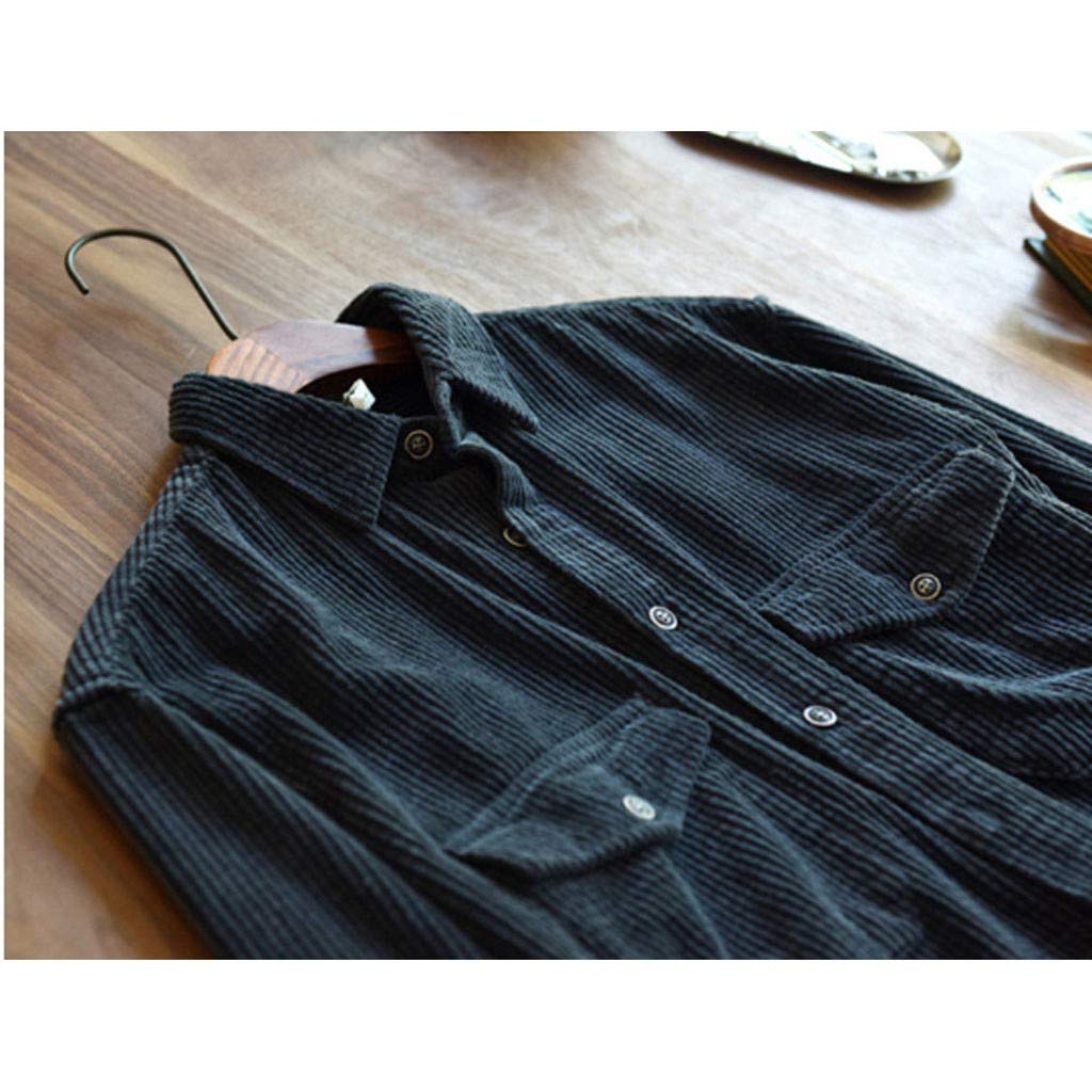 Men's Corduroy Shirt Long Sleeve Turn-Down Collar T-Shirt Top Casual Winter Lapel Chest Pocket Button Blouse M-3XL