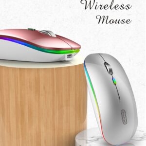 Uiosmuph LED Wireless Mouse, G12 Slim Rechargeable Silent Mouse, 2.4G Portable Optical Computer Mice with USB Receiver and Type C Adapter (Silver)