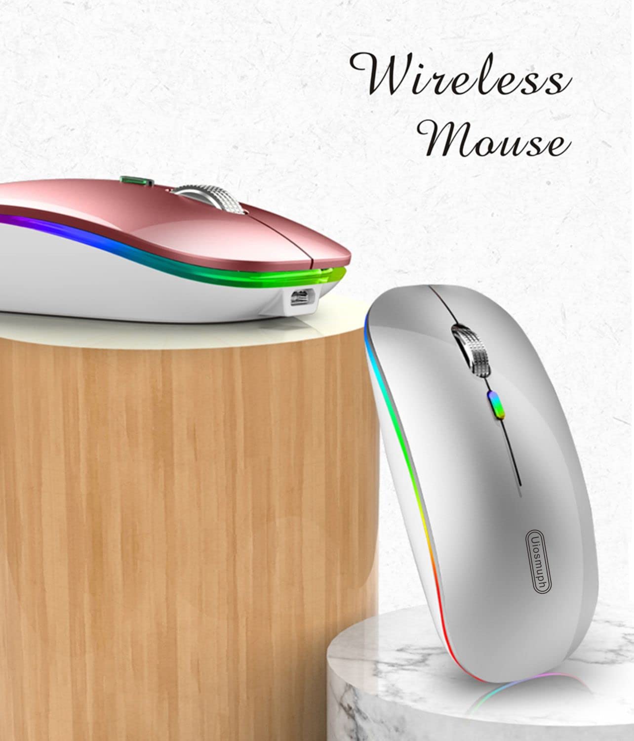 Uiosmuph LED Wireless Mouse, G12 Slim Rechargeable Silent Mouse, 2.4G Portable Optical Computer Mice with USB Receiver and Type C Adapter (Silver)