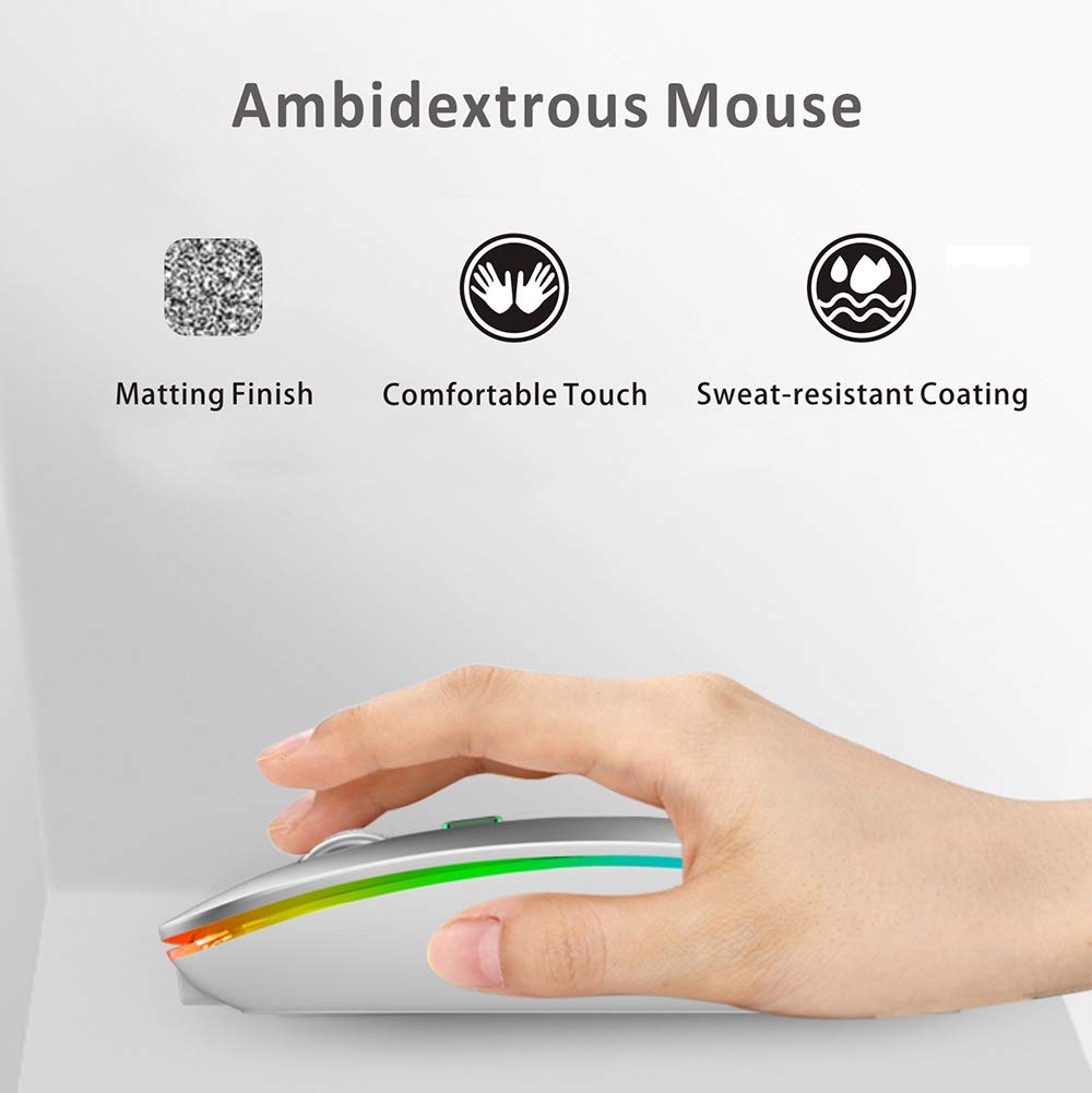 Uiosmuph LED Wireless Mouse, G12 Slim Rechargeable Silent Mouse, 2.4G Portable Optical Computer Mice with USB Receiver and Type C Adapter (Silver)