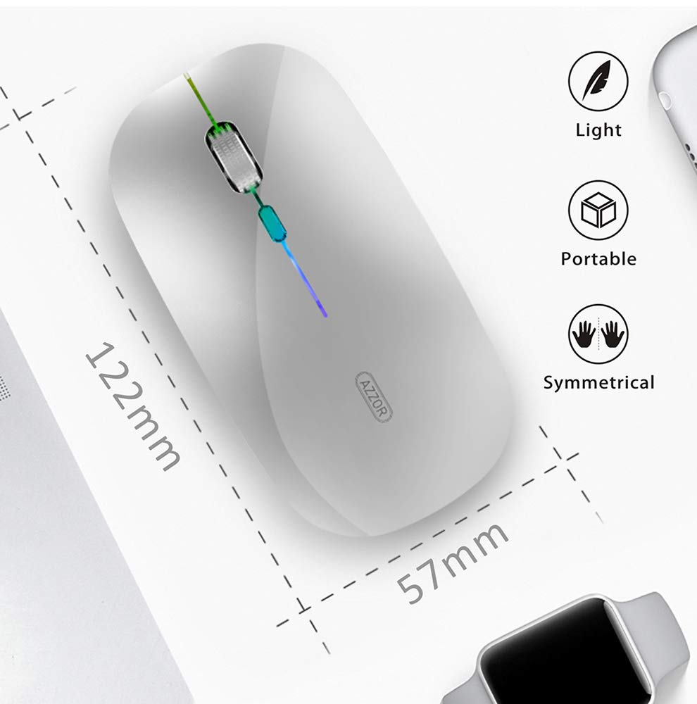 Uiosmuph LED Wireless Mouse, G12 Slim Rechargeable Silent Mouse, 2.4G Portable Optical Computer Mice with USB Receiver and Type C Adapter (Silver)