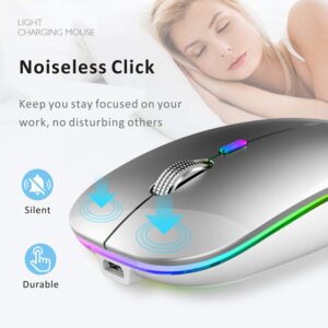 Uiosmuph LED Wireless Mouse, G12 Slim Rechargeable Silent Mouse, 2.4G Portable Optical Computer Mice with USB Receiver and Type C Adapter (Silver)