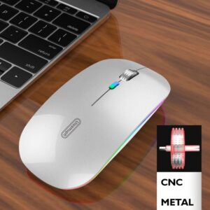 Uiosmuph LED Wireless Mouse, G12 Slim Rechargeable Silent Mouse, 2.4G Portable Optical Computer Mice with USB Receiver and Type C Adapter (Silver)