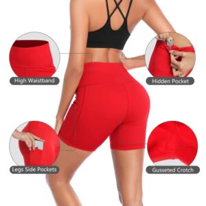 DAYOUNG Women Yoga Shorts High Waist Tummy Control Workout Biker Running Athletic Compression Short with Pockets Y27-Red-M