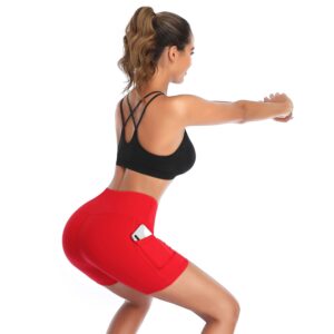 DAYOUNG Women Yoga Shorts High Waist Tummy Control Workout Biker Running Athletic Compression Short with Pockets Y27-Red-M