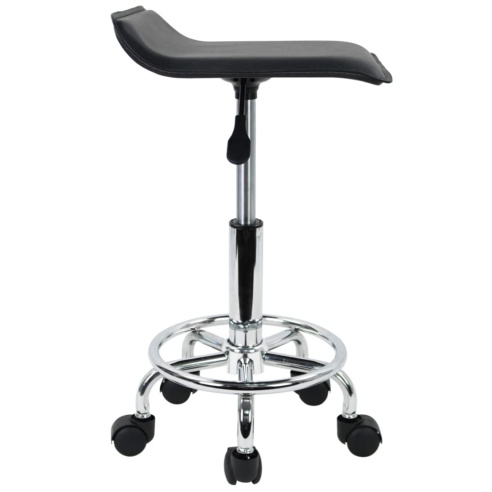 KKTONER Square Height Adjustable Rolling Stool with Foot Rest PU Leather Seat Cushion Spa Drafting Salon Tattoo Work Swivel Office Stools Task Chair Small (Black)