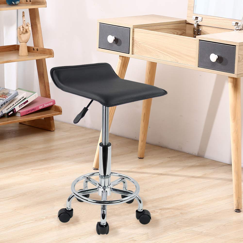 KKTONER Square Height Adjustable Rolling Stool with Foot Rest PU Leather Seat Cushion Spa Drafting Salon Tattoo Work Swivel Office Stools Task Chair Small (Black)