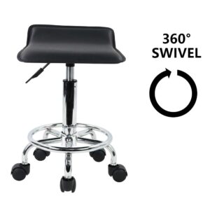 KKTONER Square Height Adjustable Rolling Stool with Foot Rest PU Leather Seat Cushion Spa Drafting Salon Tattoo Work Swivel Office Stools Task Chair Small (Black)