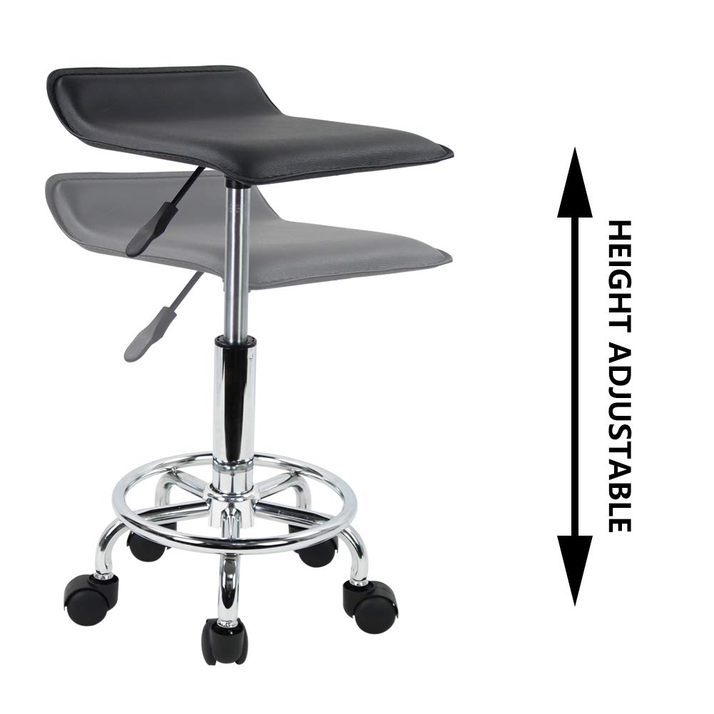 KKTONER Square Height Adjustable Rolling Stool with Foot Rest PU Leather Seat Cushion Spa Drafting Salon Tattoo Work Swivel Office Stools Task Chair Small (Black)