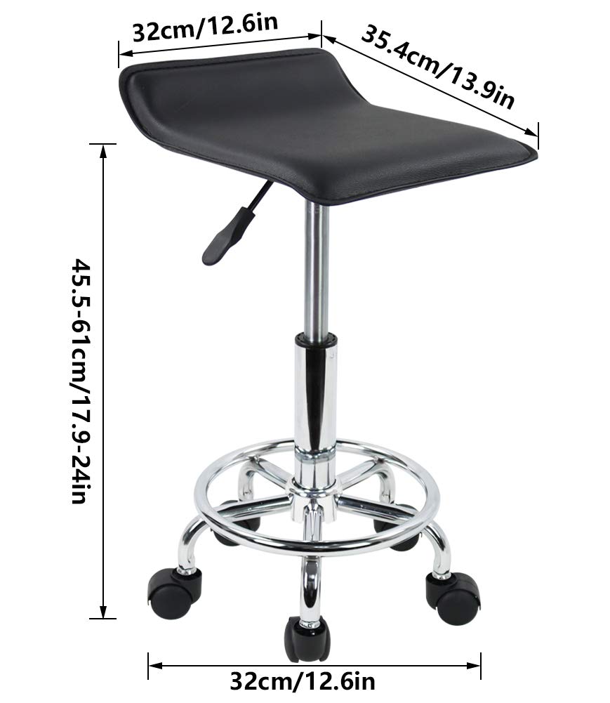 KKTONER Square Height Adjustable Rolling Stool with Foot Rest PU Leather Seat Cushion Spa Drafting Salon Tattoo Work Swivel Office Stools Task Chair Small (Black)