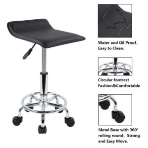 KKTONER Square Height Adjustable Rolling Stool with Foot Rest PU Leather Seat Cushion Spa Drafting Salon Tattoo Work Swivel Office Stools Task Chair Small (Black)