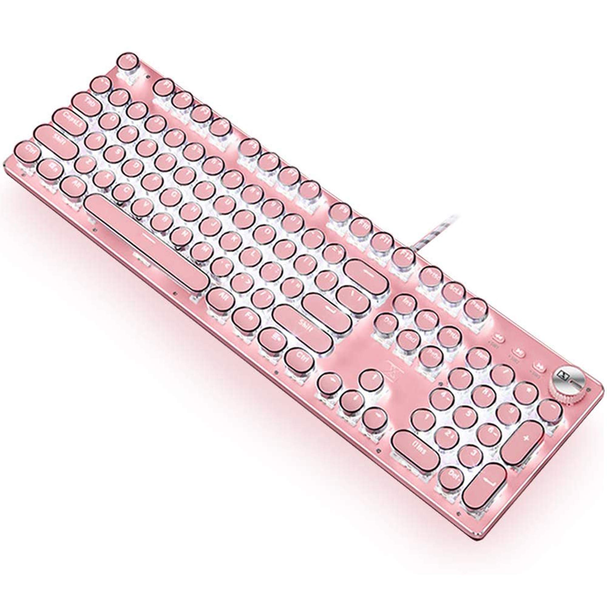 CC MALL Gaming Keyboard,Retro Punk Typewriter-Style, Blue Switches, White Backlight, USB Wired, for PC Laptop Desktop, Stylish Pink Mechanical Keyboard (Round Keycaps)