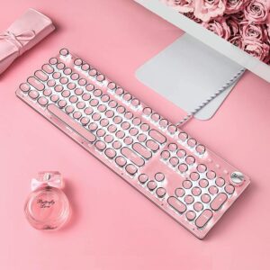 CC MALL Gaming Keyboard,Retro Punk Typewriter-Style, Blue Switches, White Backlight, USB Wired, for PC Laptop Desktop, Stylish Pink Mechanical Keyboard (Round Keycaps)