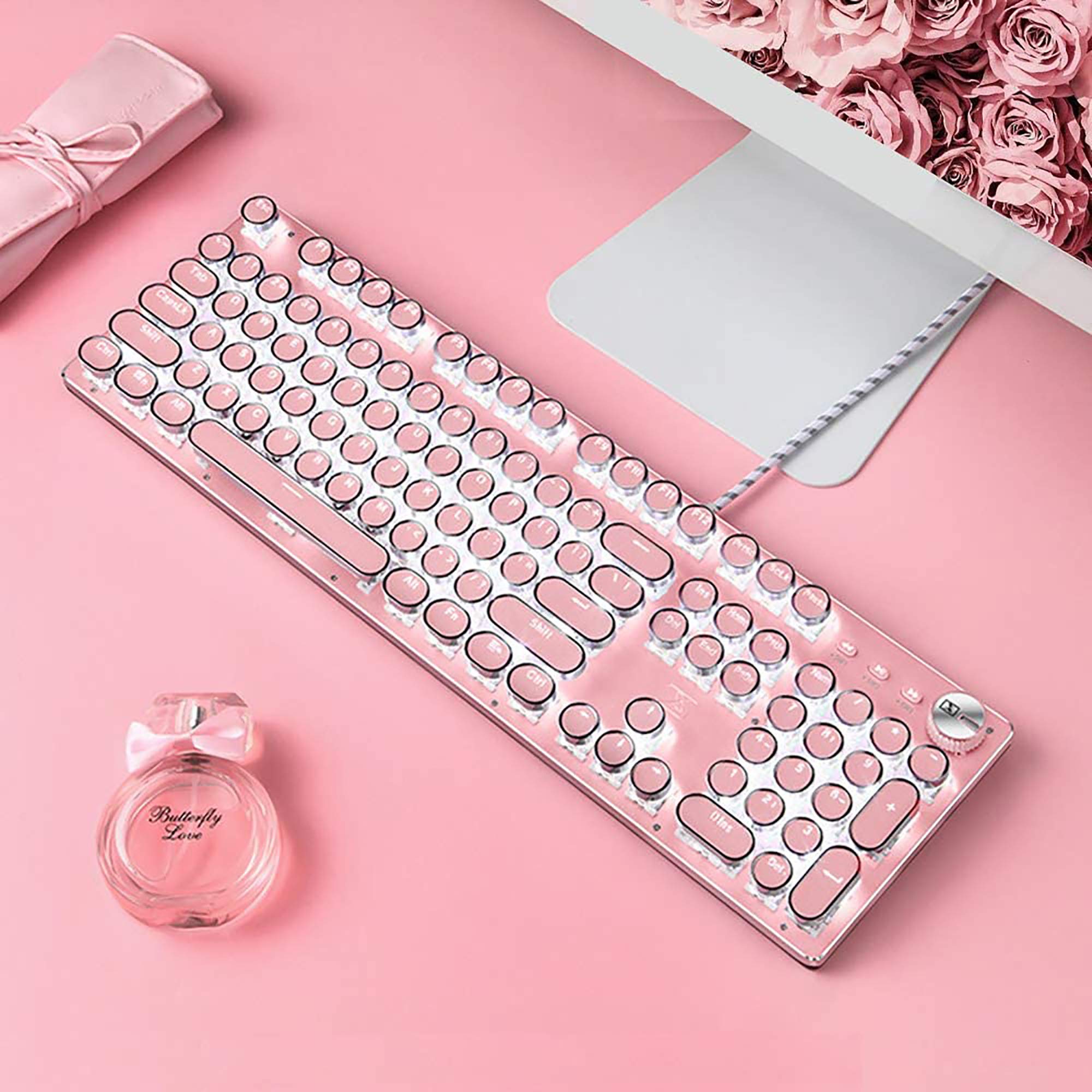 CC MALL Gaming Keyboard,Retro Punk Typewriter-Style, Blue Switches, White Backlight, USB Wired, for PC Laptop Desktop, Stylish Pink Mechanical Keyboard (Round Keycaps)