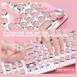 CC MALL Gaming Keyboard,Retro Punk Typewriter-Style, Blue Switches, White Backlight, USB Wired, for PC Laptop Desktop, Stylish Pink Mechanical Keyboard (Round Keycaps)