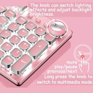 CC MALL Gaming Keyboard,Retro Punk Typewriter-Style, Blue Switches, White Backlight, USB Wired, for PC Laptop Desktop, Stylish Pink Mechanical Keyboard (Round Keycaps)