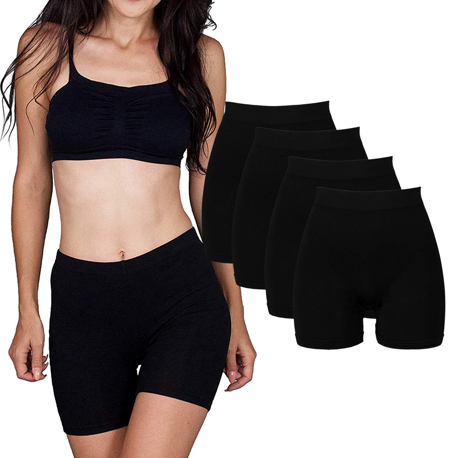 Emprella Slip Shorts for Under Dresses, 4 Pack Womens Seamless Bike Short (X-Large, Black Pack)