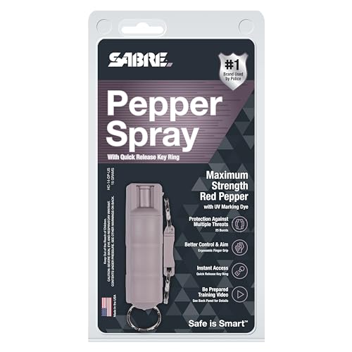 SABRE Pepper Spray, Maximum Police Strength OC Spray, Quick Release Keychain for Easy Carry and Fast Access, Finger Grip for More Accurate and Faster Aim, 0.54 fl oz, Secure and Easy to Use Safety