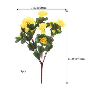 HO2NLE 4pcs Artificial Flower Azalea Fake Plants for Decoration Bouquet Arrangements Faux Silk Flowers UV Resistant Home Outdoor Garden Table Patio Wedding Party Decor(Yellow)