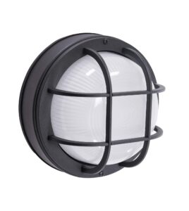 coramdeo outdoor 8” round led nautical bulkhead light, flush mount for wall or ceiling, wet location, 75w of light, 900 lumens, 3k, black cast aluminum with frosted glass lens