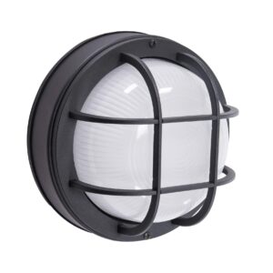 CORAMDEO Outdoor 8” Round LED Nautical Bulkhead Light, Flush Mount for Wall or Ceiling, Wet Location, 75W of Light, 900 Lumens, 3K, Black Cast Aluminum with Frosted Glass Lens