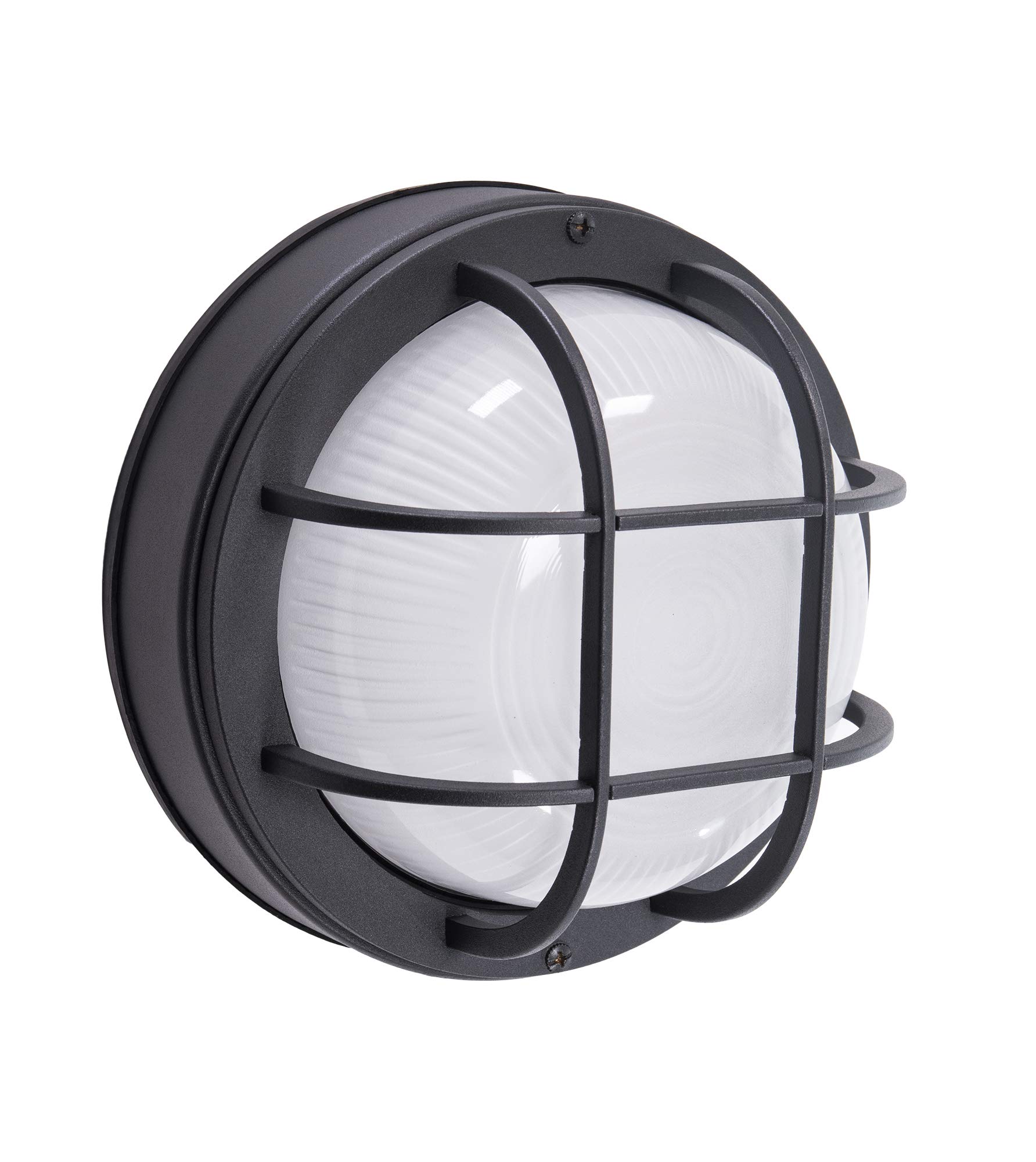 CORAMDEO Outdoor 8” Round LED Nautical Bulkhead Light, Flush Mount for Wall or Ceiling, Wet Location, 75W of Light, 900 Lumens, 3K, Black Cast Aluminum with Frosted Glass Lens