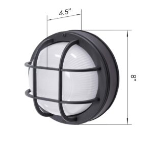 CORAMDEO Outdoor 8” Round LED Nautical Bulkhead Light, Flush Mount for Wall or Ceiling, Wet Location, 75W of Light, 900 Lumens, 3K, Black Cast Aluminum with Frosted Glass Lens