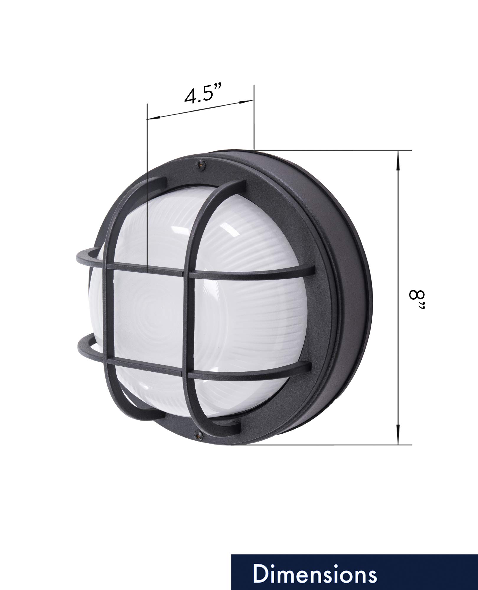 CORAMDEO Outdoor 8” Round LED Nautical Bulkhead Light, Flush Mount for Wall or Ceiling, Wet Location, 75W of Light, 900 Lumens, 3K, Black Cast Aluminum with Frosted Glass Lens