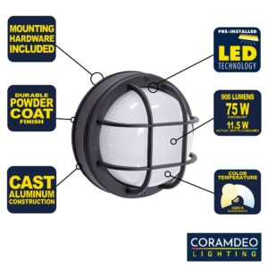 CORAMDEO Outdoor 8” Round LED Nautical Bulkhead Light, Flush Mount for Wall or Ceiling, Wet Location, 75W of Light, 900 Lumens, 3K, Black Cast Aluminum with Frosted Glass Lens