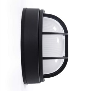 CORAMDEO Outdoor 8” Round LED Nautical Bulkhead Light, Flush Mount for Wall or Ceiling, Wet Location, 75W of Light, 900 Lumens, 3K, Black Cast Aluminum with Frosted Glass Lens