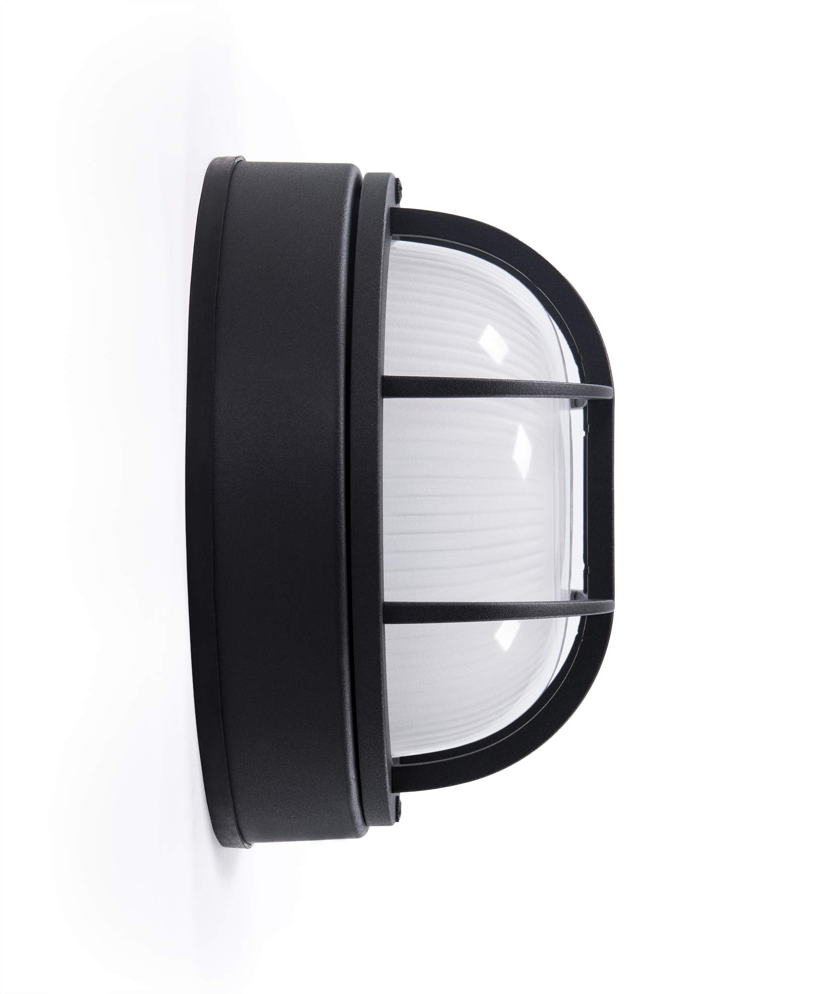 CORAMDEO Outdoor 8” Round LED Nautical Bulkhead Light, Flush Mount for Wall or Ceiling, Wet Location, 75W of Light, 900 Lumens, 3K, Black Cast Aluminum with Frosted Glass Lens