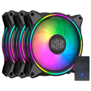 cooler master masterfan mf120 halo 3n1fans, duo-ring argb customizable lighting, 120mm pwm static pressure, argb header extender for pc case, liquid and air cooler (mfl-b2dn-18npa-r1),black