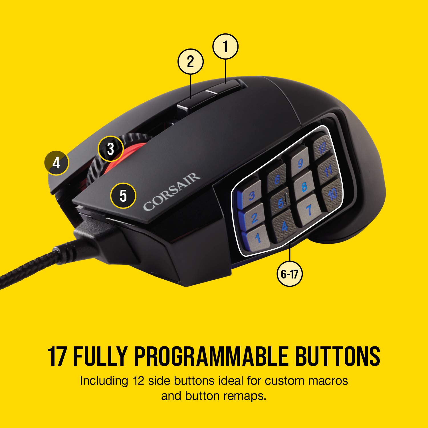 Corsair SCIMITAR RGB ELITE Gaming Mouse For MOBA, MMO - 18,000 DPI - 17 Progammable Buttons - iCUE Compatible - Black