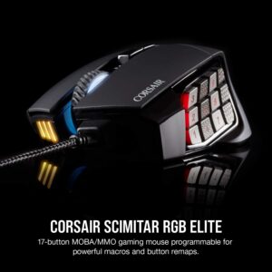 Corsair SCIMITAR RGB ELITE Gaming Mouse For MOBA, MMO - 18,000 DPI - 17 Progammable Buttons - iCUE Compatible - Black