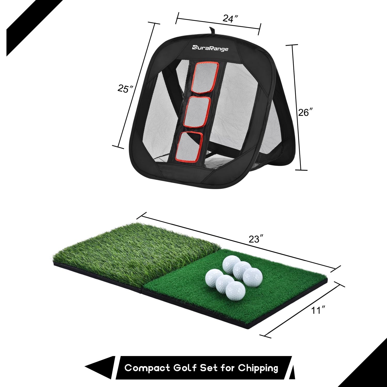 DURARANGE Pop-up Golf Chipping Net Set - Foldable Training Kit with 2 Hitting Mats, 6 Practice Balls, 6 Foam Balls - Ultimate Golf Gift & Target Chipping Aids, Black