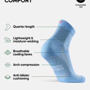 DANISH ENDURANCE 3 Pack Running Socks for Long Distances, Quarter, Men & Women, Light Blue, US Women 8-10 // US Men 6.5-8.5