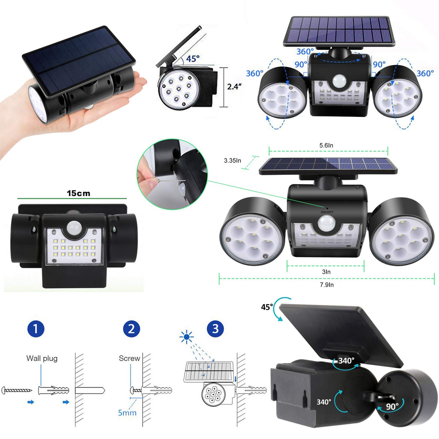 Solar Lights Outdoor, Solar Wall Light Solar Motion Lights, Human Body Induction Solar Wall Lights with Dual Head Spotlights, 30 LED Waterproof Lights, Solar Powered Light for Garden, Backyard(2 Pack)