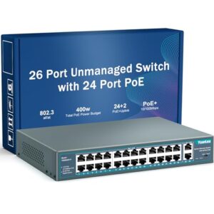 yuanley 24 port poe switch with 2 gigabit ethernet uplink port, unmanaged 26 port 802.3af/at 400w power poe+ network switch, rackmount plug and play