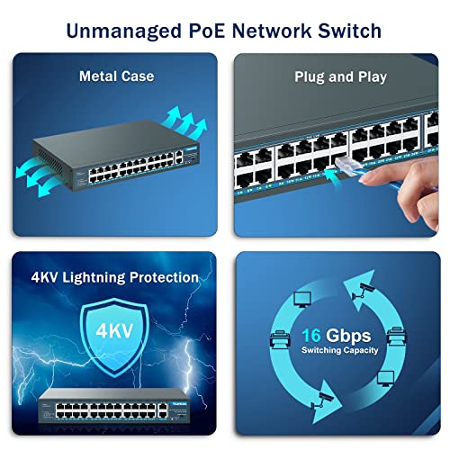 Yuanley 24 Port PoE Switch with 2 Gigabit Ethernet Uplink Port, Unmanaged 26 Port 802.3af/at 400W Power PoE+ Network Switch, Rackmount Plug and Play