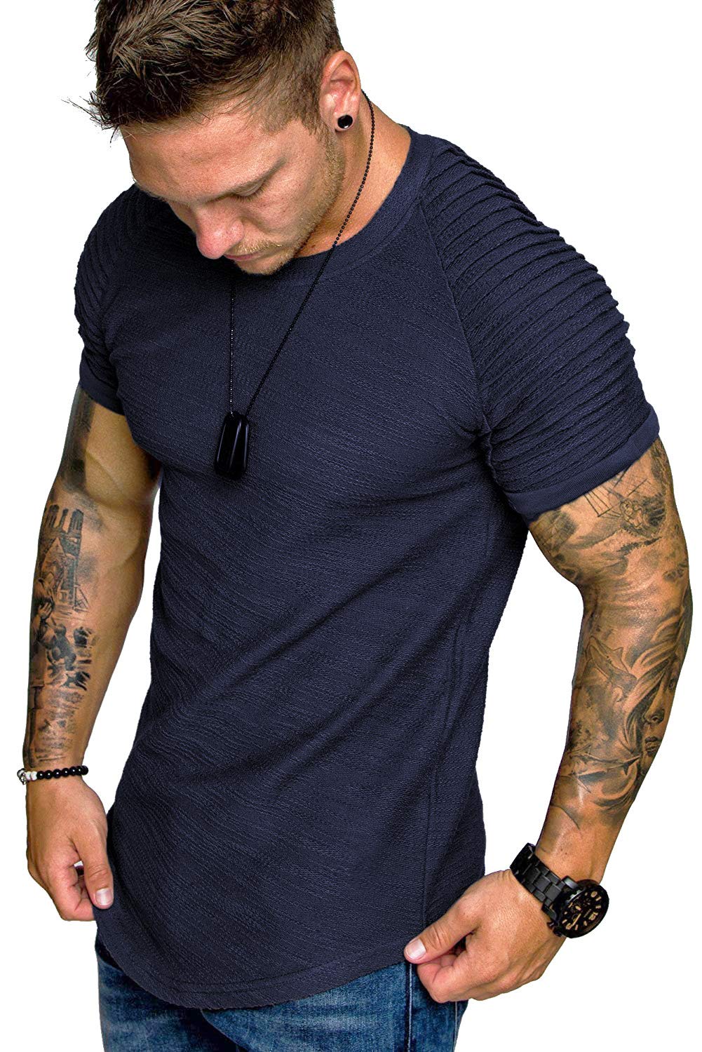 COOFANDY Mens Stylish Shirts Pleated Sleeve Fashion Hip Hop Tee Navy Blue L