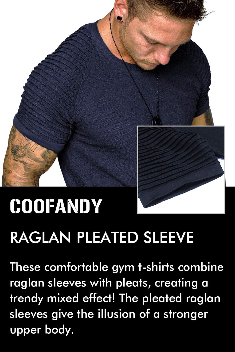 COOFANDY Mens Stylish Shirts Pleated Sleeve Fashion Hip Hop Tee Navy Blue L