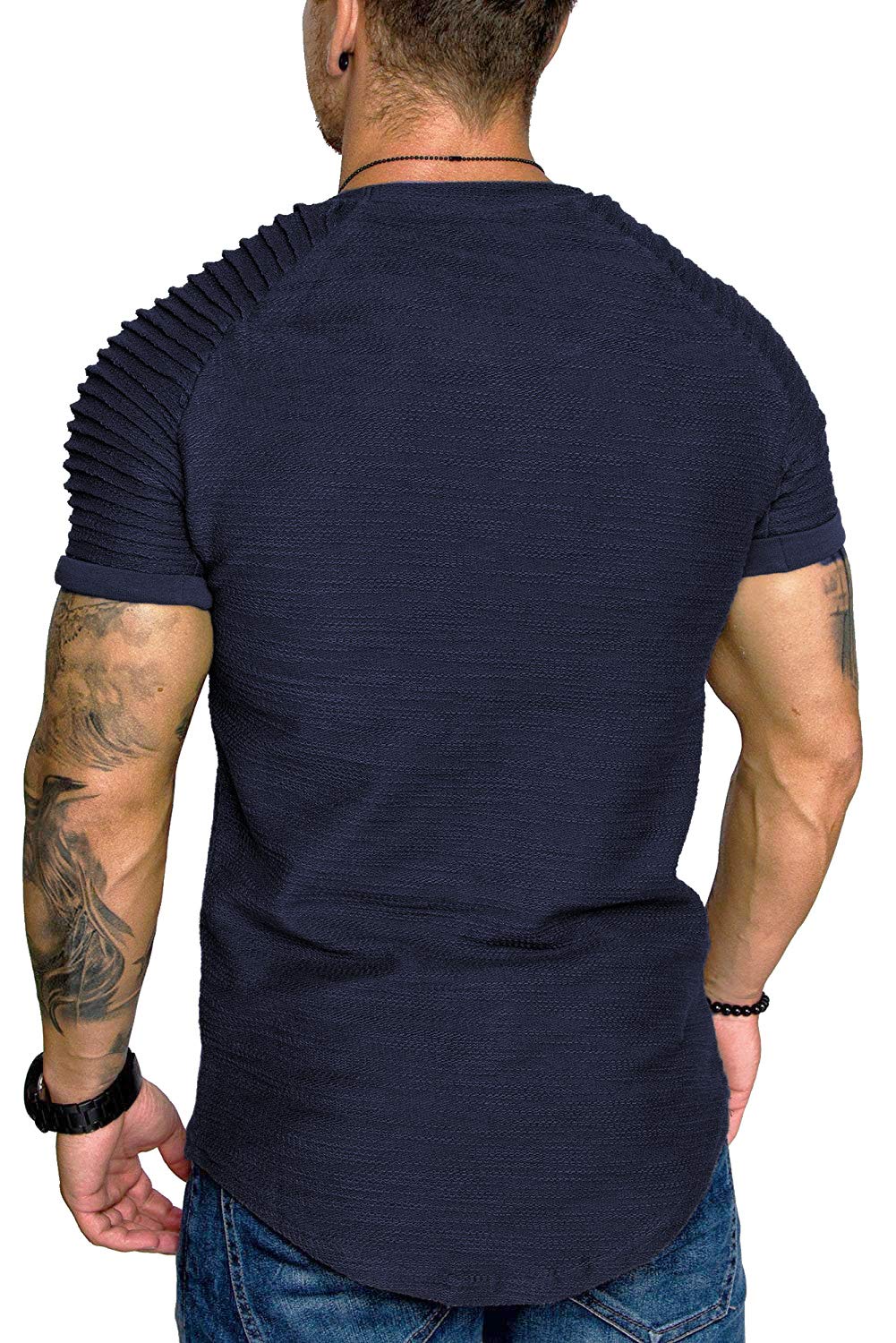 COOFANDY Mens Stylish Shirts Pleated Sleeve Fashion Hip Hop Tee Navy Blue L