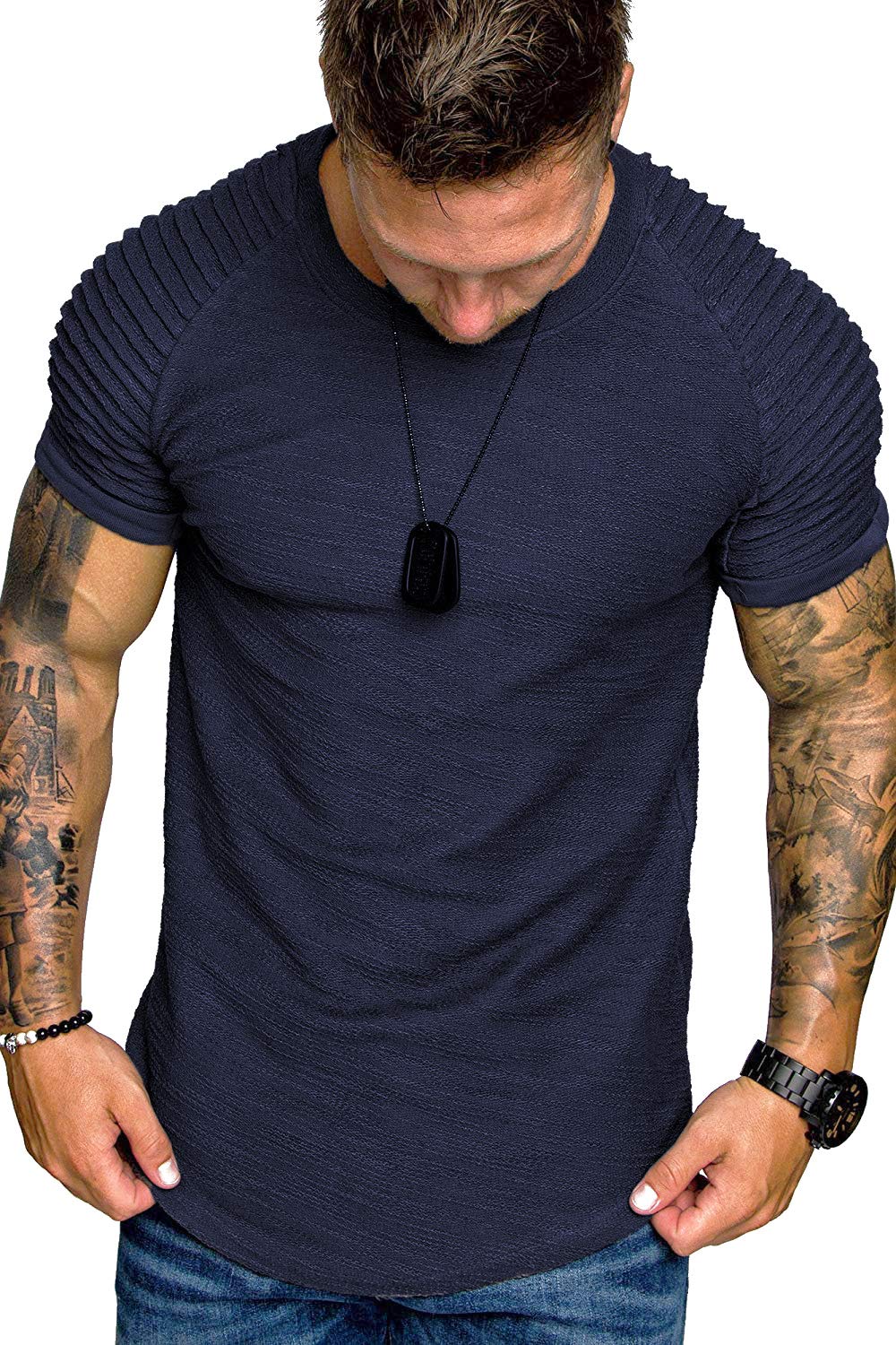 COOFANDY Mens Stylish Shirts Pleated Sleeve Fashion Hip Hop Tee Navy Blue L